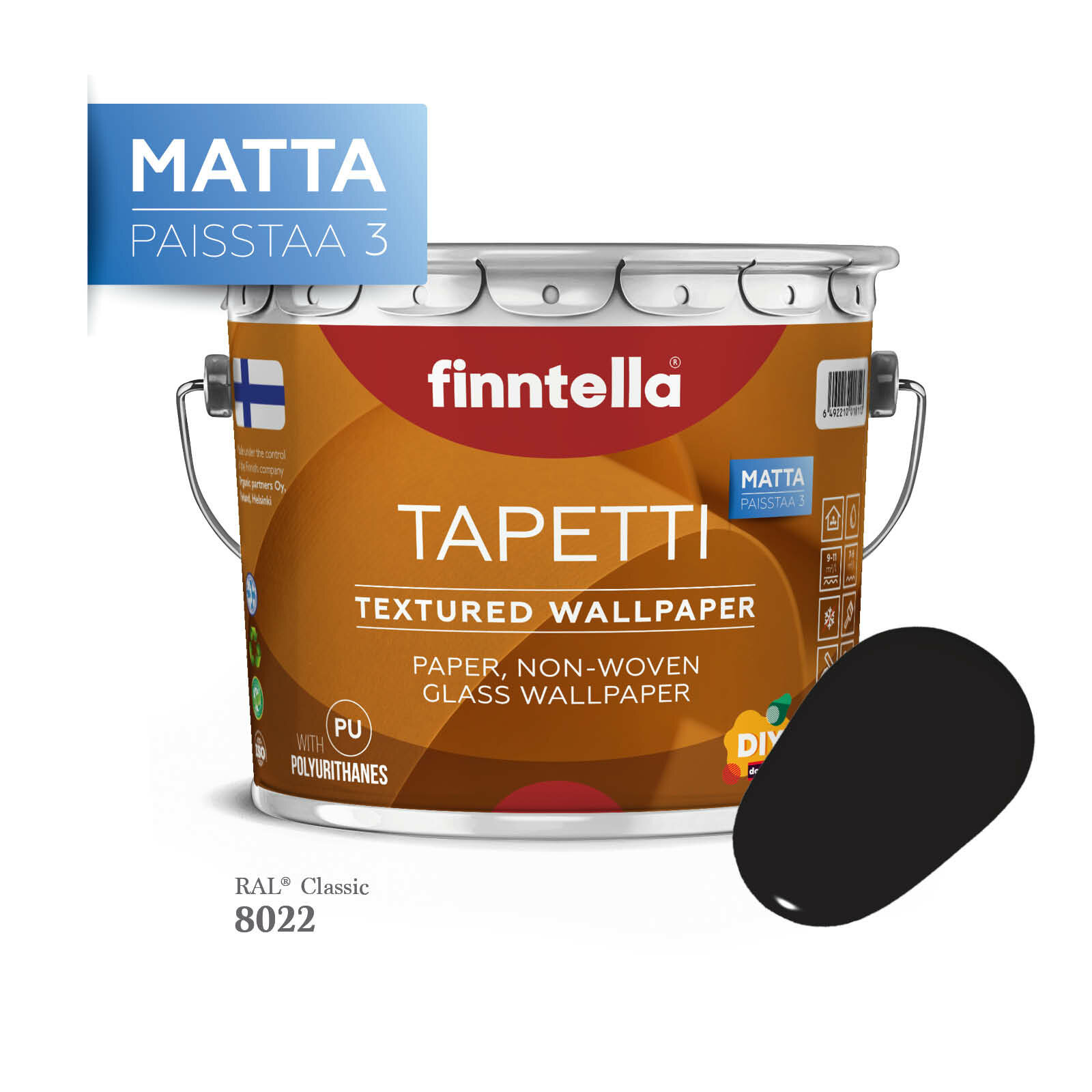 Матовая краска для обоев под окраску TAPETTI Matta FINNTELLA, Цвет RAL 8022 Черно-коричневый (Black brown), 2,7л