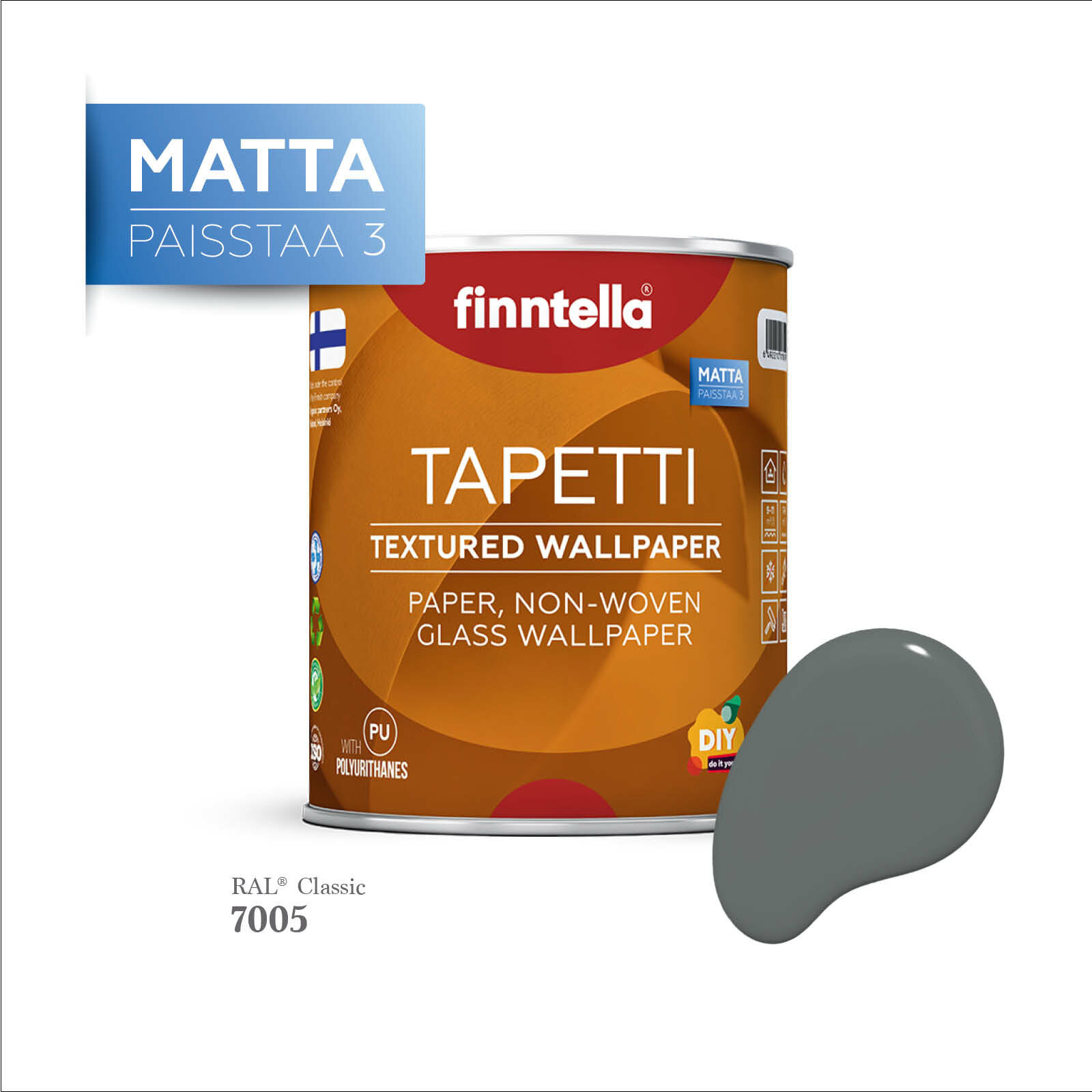 Матовая краска для обоев под окраску TAPETTI Matta FINNTELLA, Цвет RAL 7005 Мышино-серый (Mouse grey), 0,9л