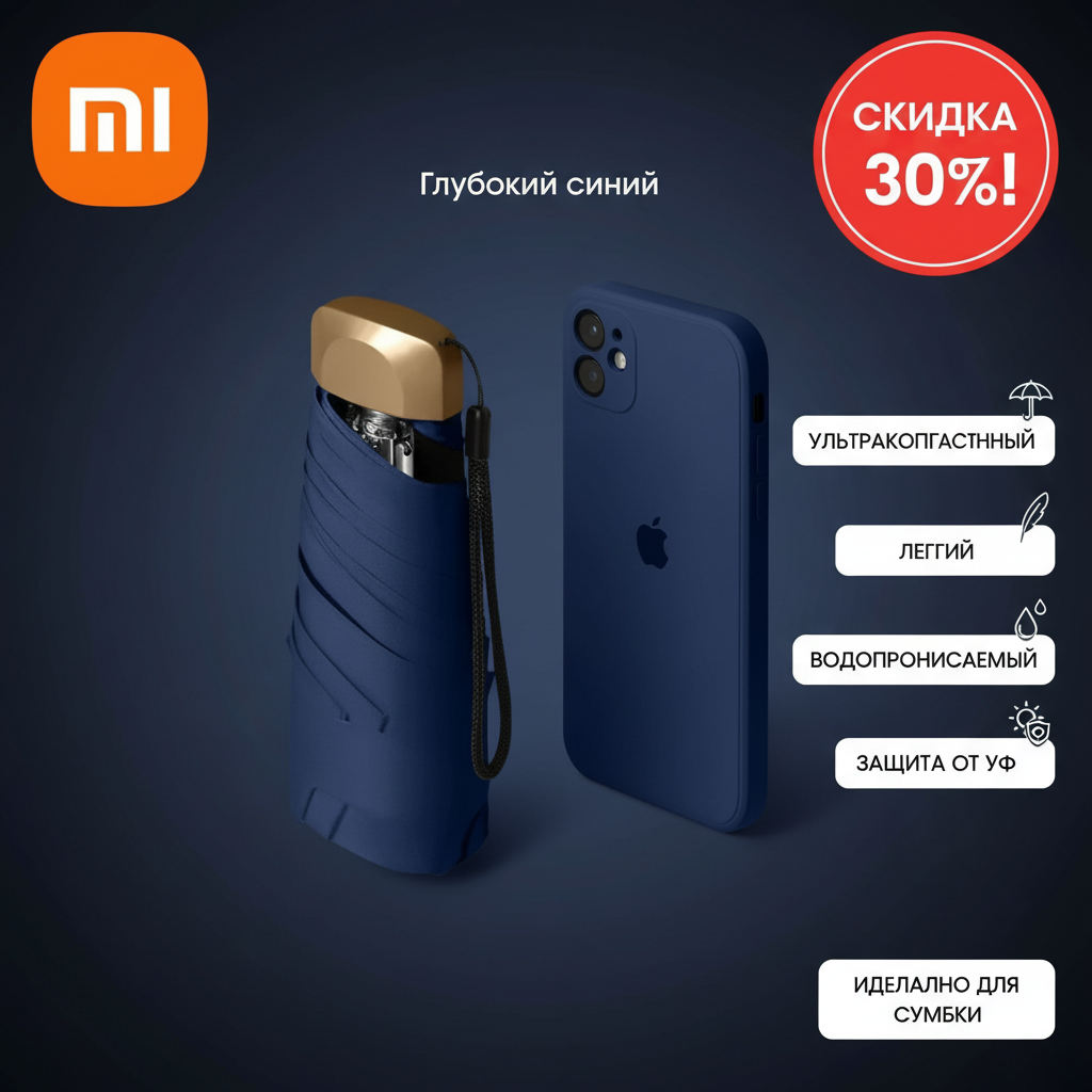 Мини-капсульный зонт Xiaomi, маленький карманный зонт от дождя, виниловый складной УФ-защита от ультрафиолета, ультралегкий зонт двойного назначения, Темно-синий