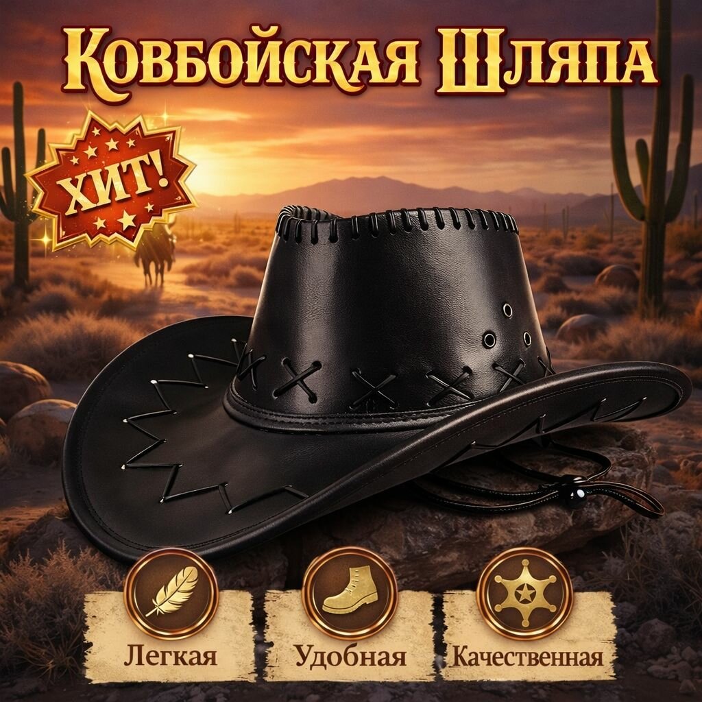 Ковбойский головной убор коричневого оттенка, выполненный в стилистике Дикого Запада, премиум