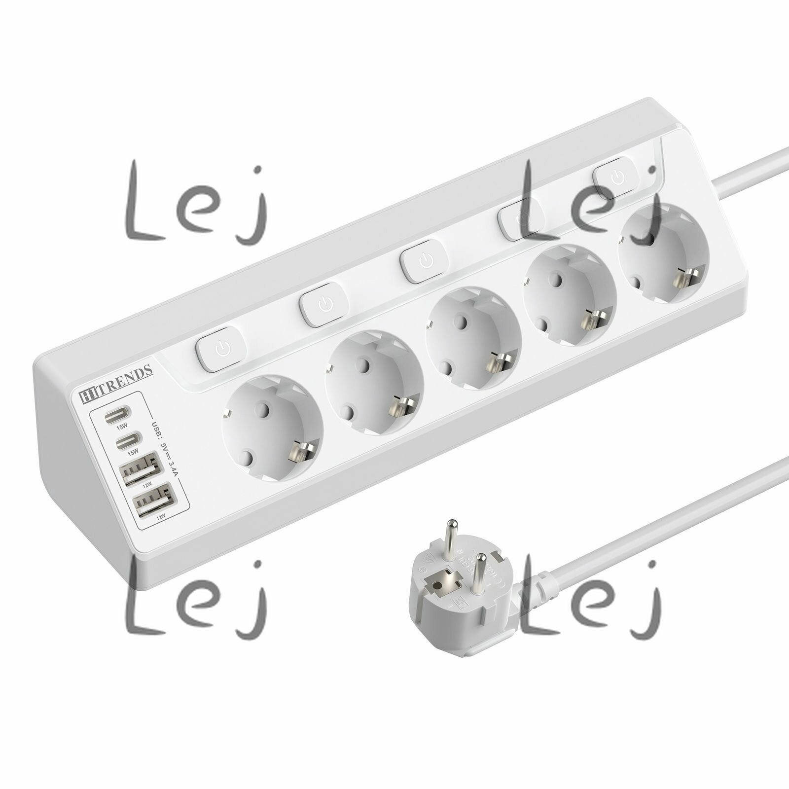 HITRENDS Удлинитель с 5 розетками и 2 USB + 2 Type-C, индивидуальные выключатели, защита от перегрузки, 4000W 16A 250V, огнестой
