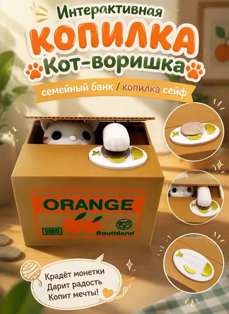 Интерактивная копилка с котом-воришкой, оранжевая, модель Orange, для детей, с звуковыми эффектами