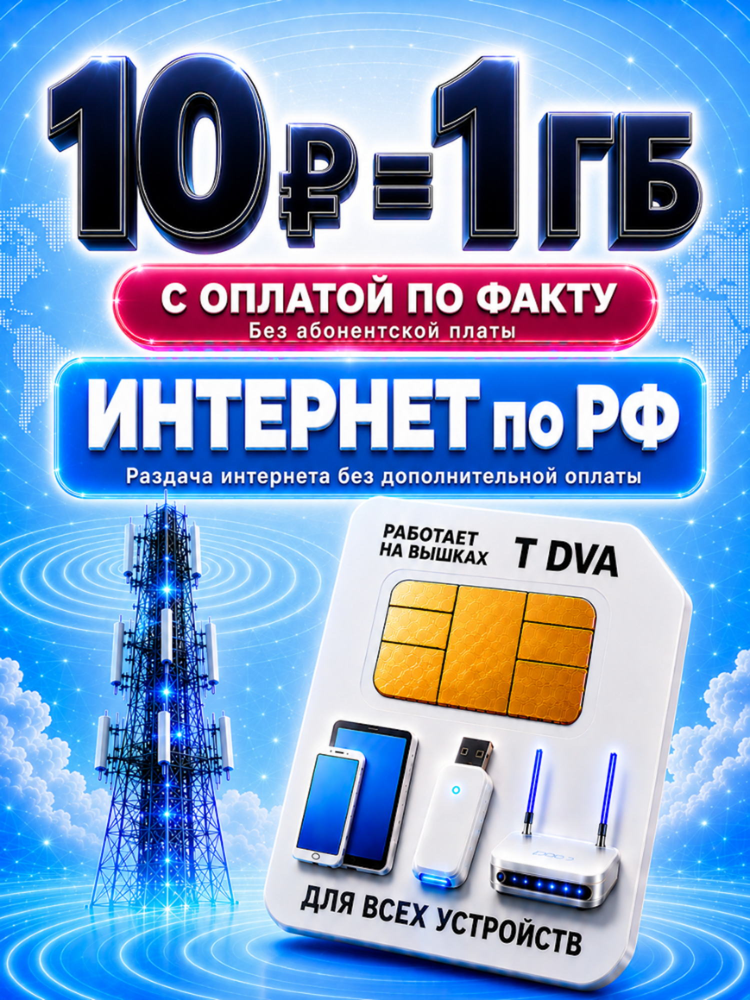 Сим карта с оплатой по факту пользования - тариф 10 руб 1 ГБ по РФ для любых устройств роутер модем камера сотовый DV10