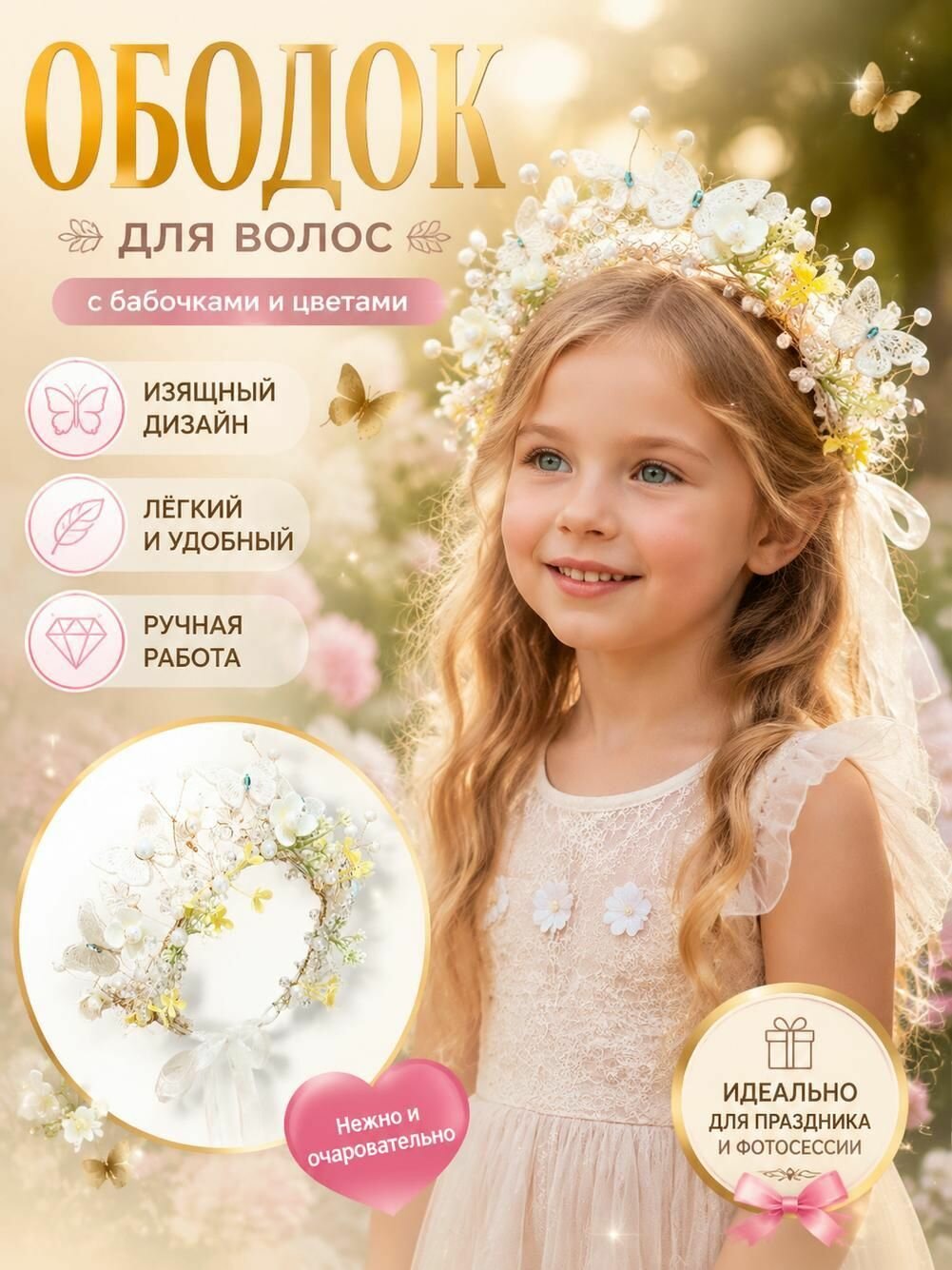 Детская повязка на голову с цветочной гирляндой
