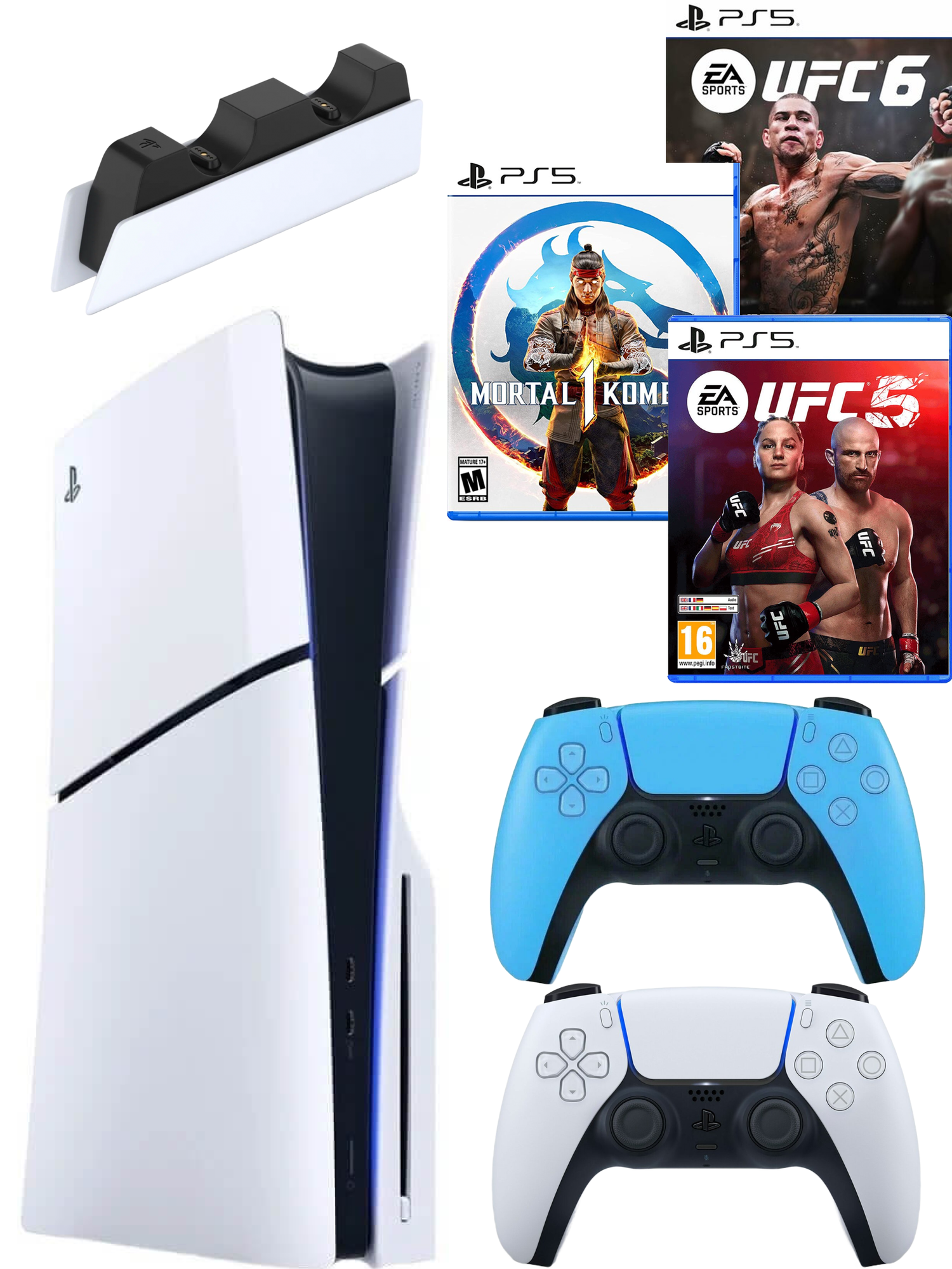 Игровая приставка Sony PS 5 Slim, 1ТБ(с дисководом)+2 геймпад+Зарядная станция+3 файтинга(UFC 5 , UFC 6 , MK 1)
