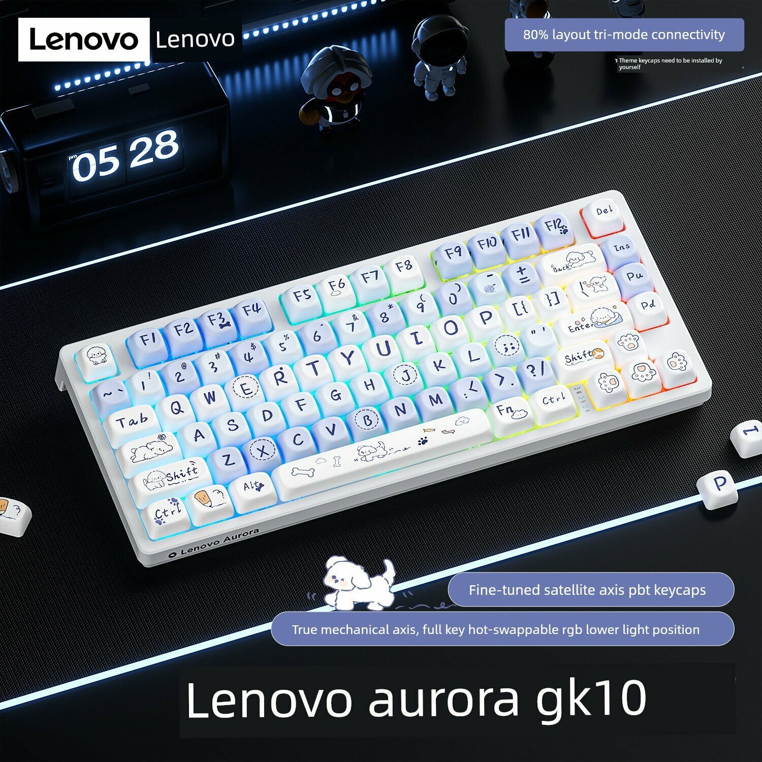Lenovo GK10 беспроводная 3-режимная механическая клавиатура 80 клавиш, синий переключатель, тема облако щенок