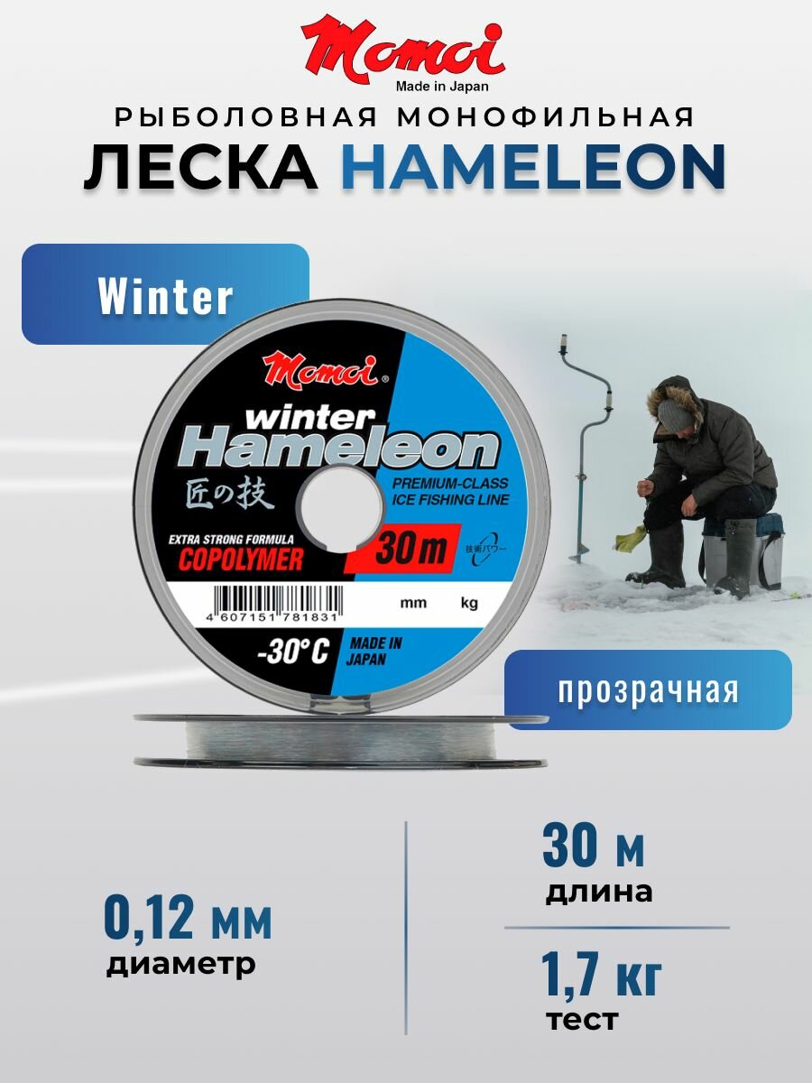 Зимняя леска для рыбалки Momoi Hameleon Winter 0,12 мм, 1,7 кг, 30 м, для Спиннинга Мормышинг, прозрачная 1 шт