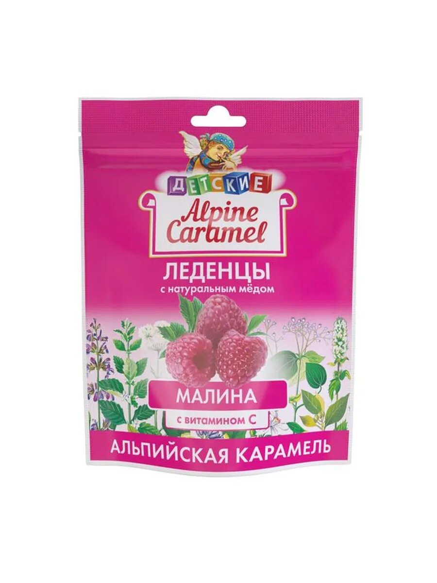 Альпийская карамель детская с натуральным медом и витамином С вскус малины Alpine Caramel леденцы пак. 75г