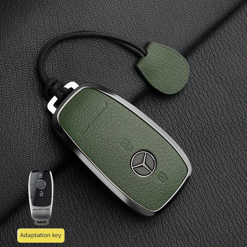 Чехол для ключей Mercedes AMG из французской козьей кожи, цвет оливковый, 2 кнопки, дизайн с простым шнуром