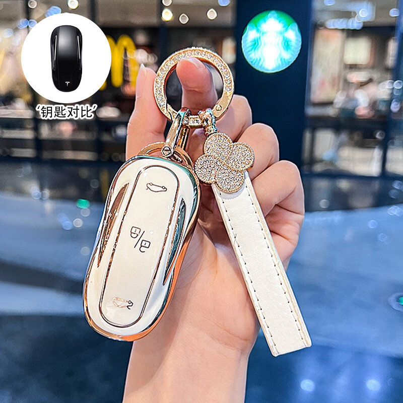Чехол для ключа Tesla Model 3 с перламутрово-белым цветом и четырехлистным клевером