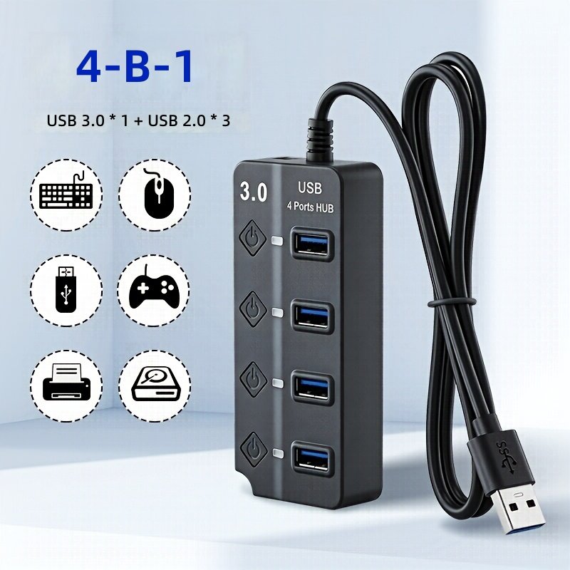 USB-хаб 3.0 на 4 порта, длина кабеля 100 см, скорость 5 Гбит/с, с независимым выключателем, Plug and Play, для ноутбука, ПК, внешних накопителей, мыши, клавиатуры, жесткого диска, совместим с док-станциями