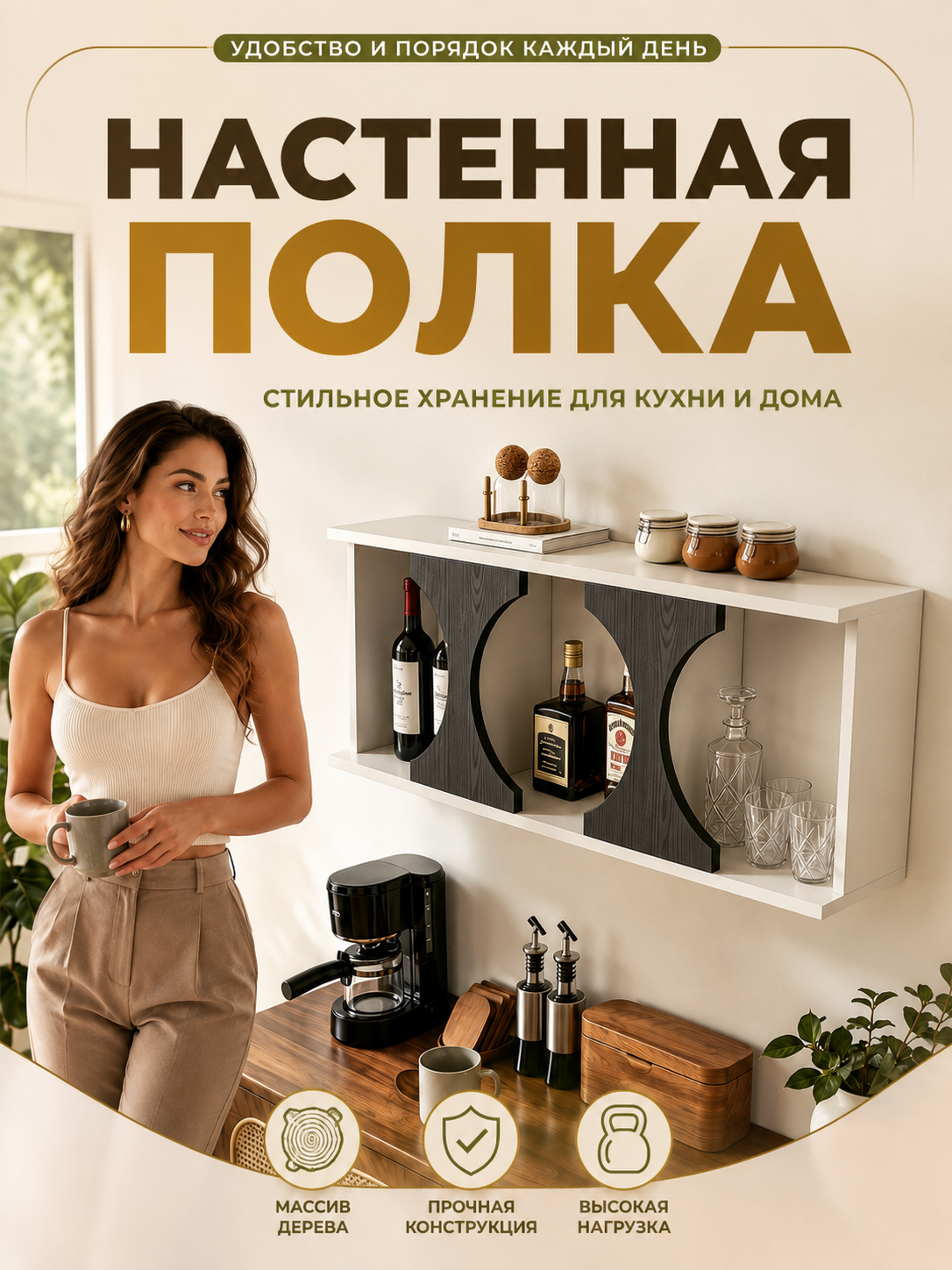 Настенная полка из дерева, винный стеллаж для бутылок, стильное хранение для кухни, бара и гостиной,