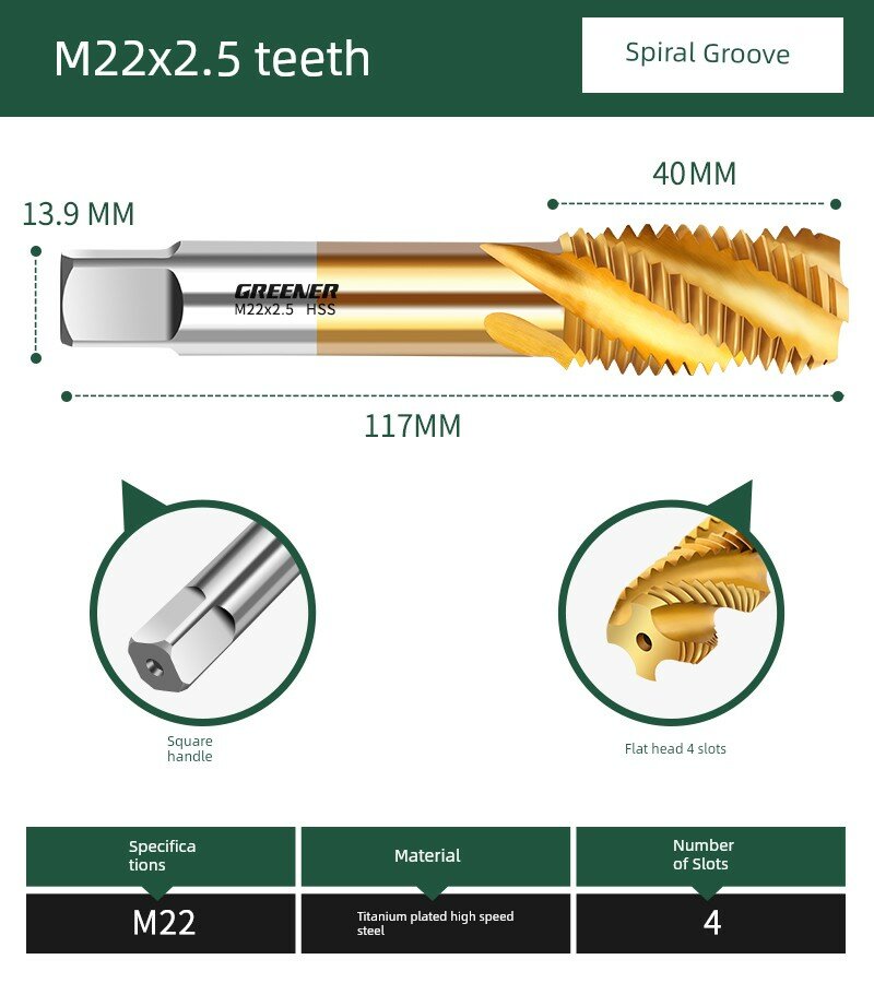 M22x2.5 Спиральная сверлильная метчиковая головка для машин, нержавеющая сталь с титановым покрытием, кобальтовая