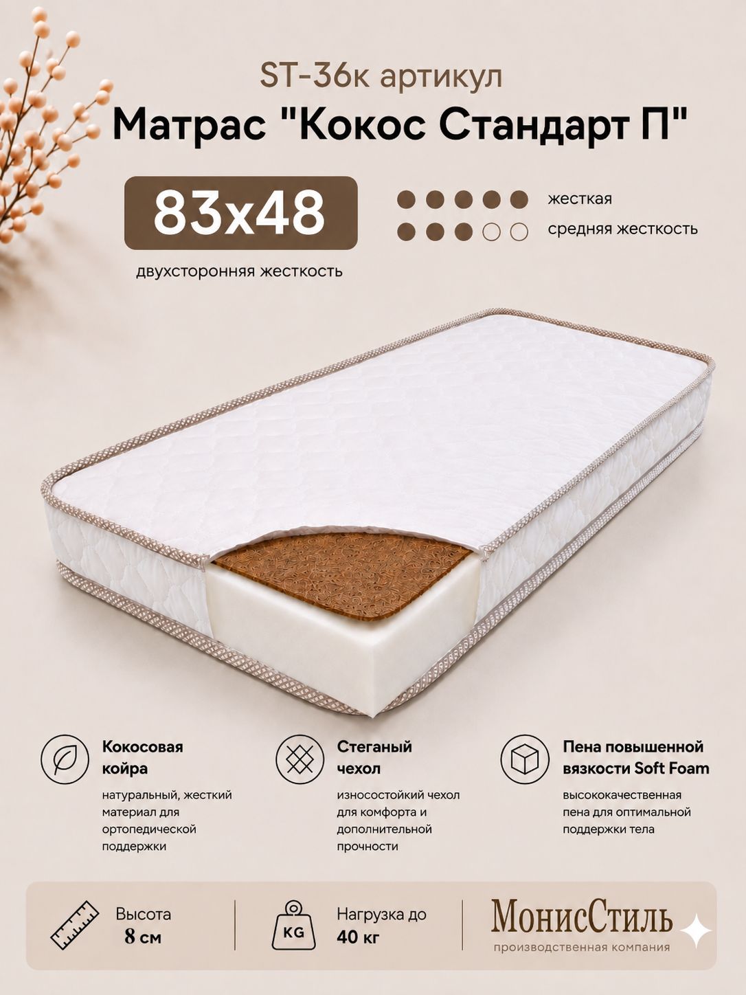 Матрас Кокос Стандарт 830*480*80 арт. SТ-36к