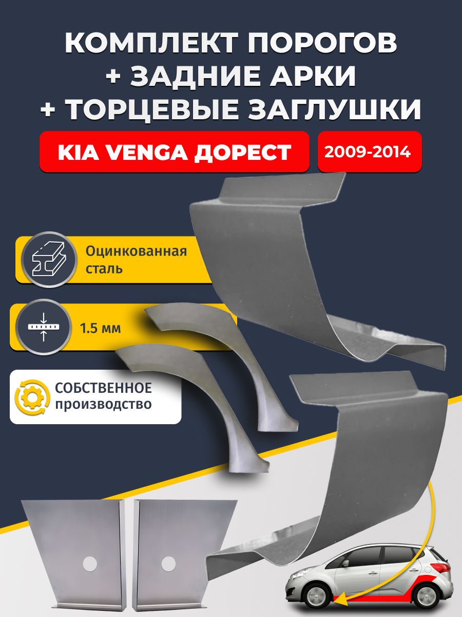 Комплект ремонтных задних арок (0,8 мм) и стандартных порогов (1,5 мм) + торцевые заглушки (1,5 мм) на KIA Venga дорест 2009-2014 (КИА Венга). Оцинкованная сталь