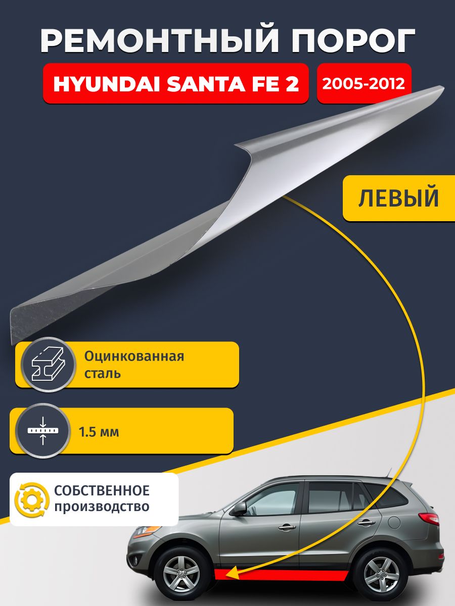 Левый ремонтный порог для Hyundai Santa Fe 2 2005-2012, оцинкованная сталь 1.5 мм (Хендай Санта Фе 2), порог автомобильный, стандартный. Кузовной ремонт.
