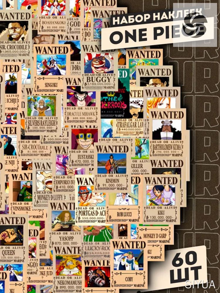 Наклейки One Piece 60 шт набор стикеров Wanted для бутылок тетрадей ноутбуков