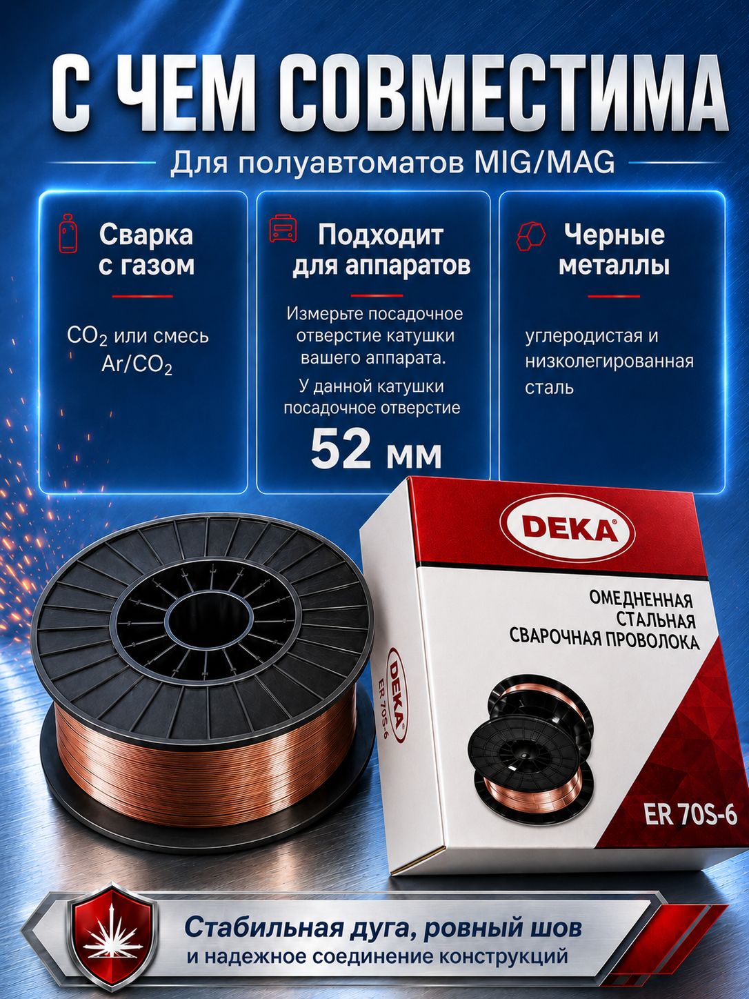 Омедненная сварочная проволока DEKA ER70S-6 (Св-08Г2С-О) 1.0 мм 15 кг для полуавтоматов при работе с низколегированными и углеродистыми сталями