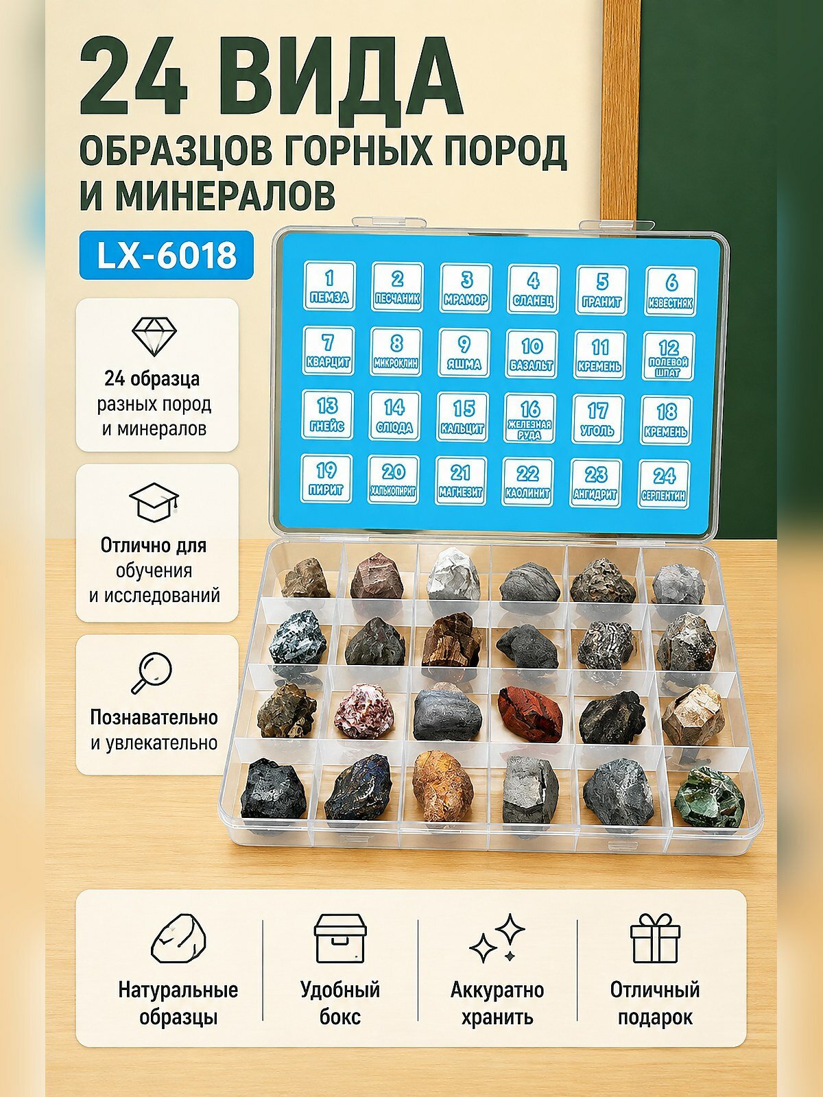 Набор минералов и горных пород 24 вида для уроков естествознания