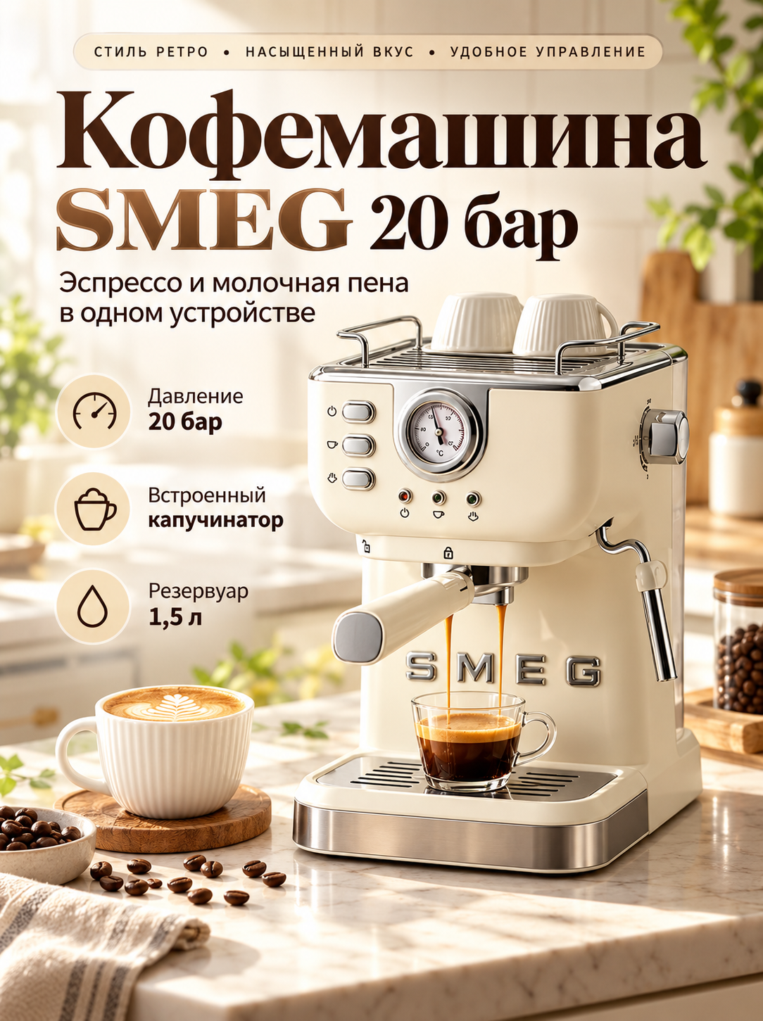 Кофеварка рожковая SMEG 1450Вт, 20 бар с паровым капучинатором, Кофемашина, полуавтоматическая эспрессо