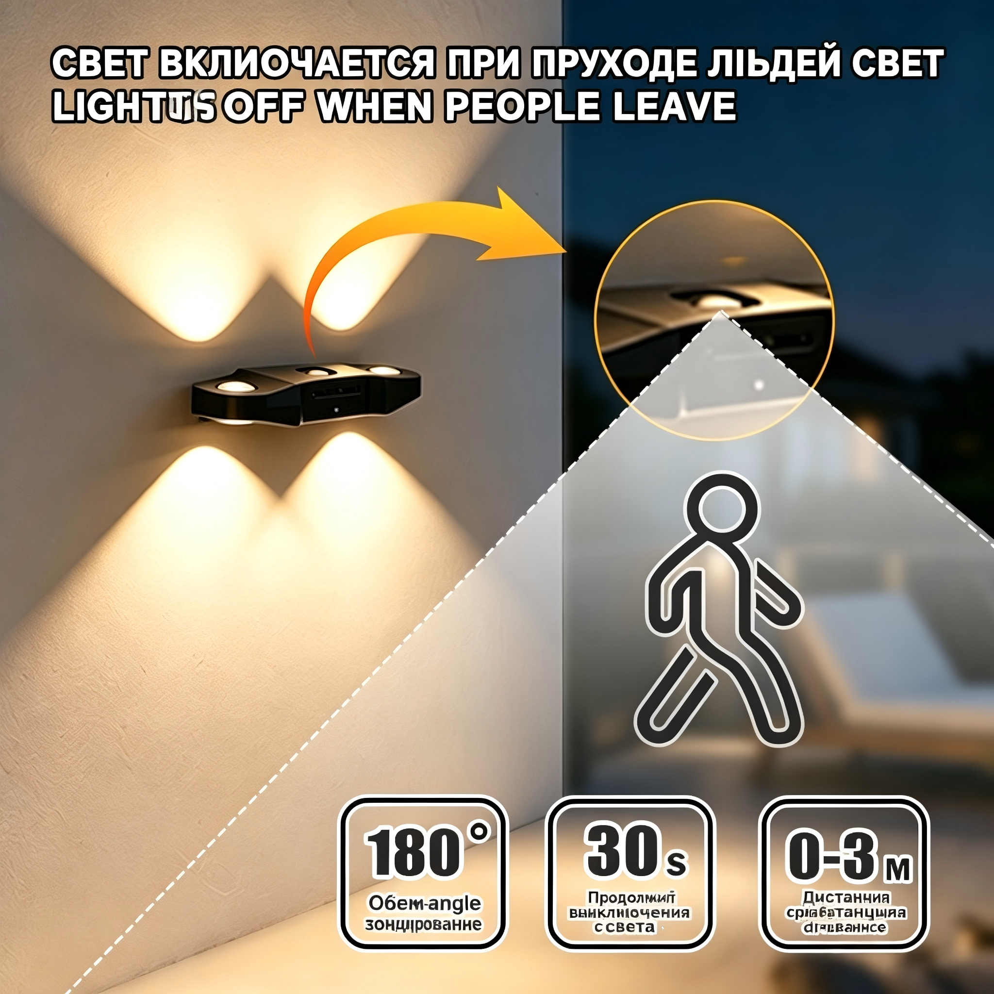 Магнитный настенный светильник LED с датчиком движения, беспроводной аккумуляторный бра, верхнее и нижнее свечение, USB-перезарядка, без сверления