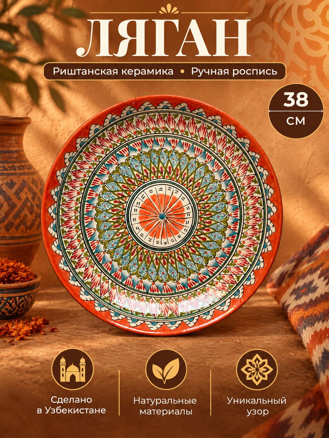 Блюдо Ляган, Узбекская посуда, Узбекская тарелка, Риштанская Керамика, 38 см, оранжевый
