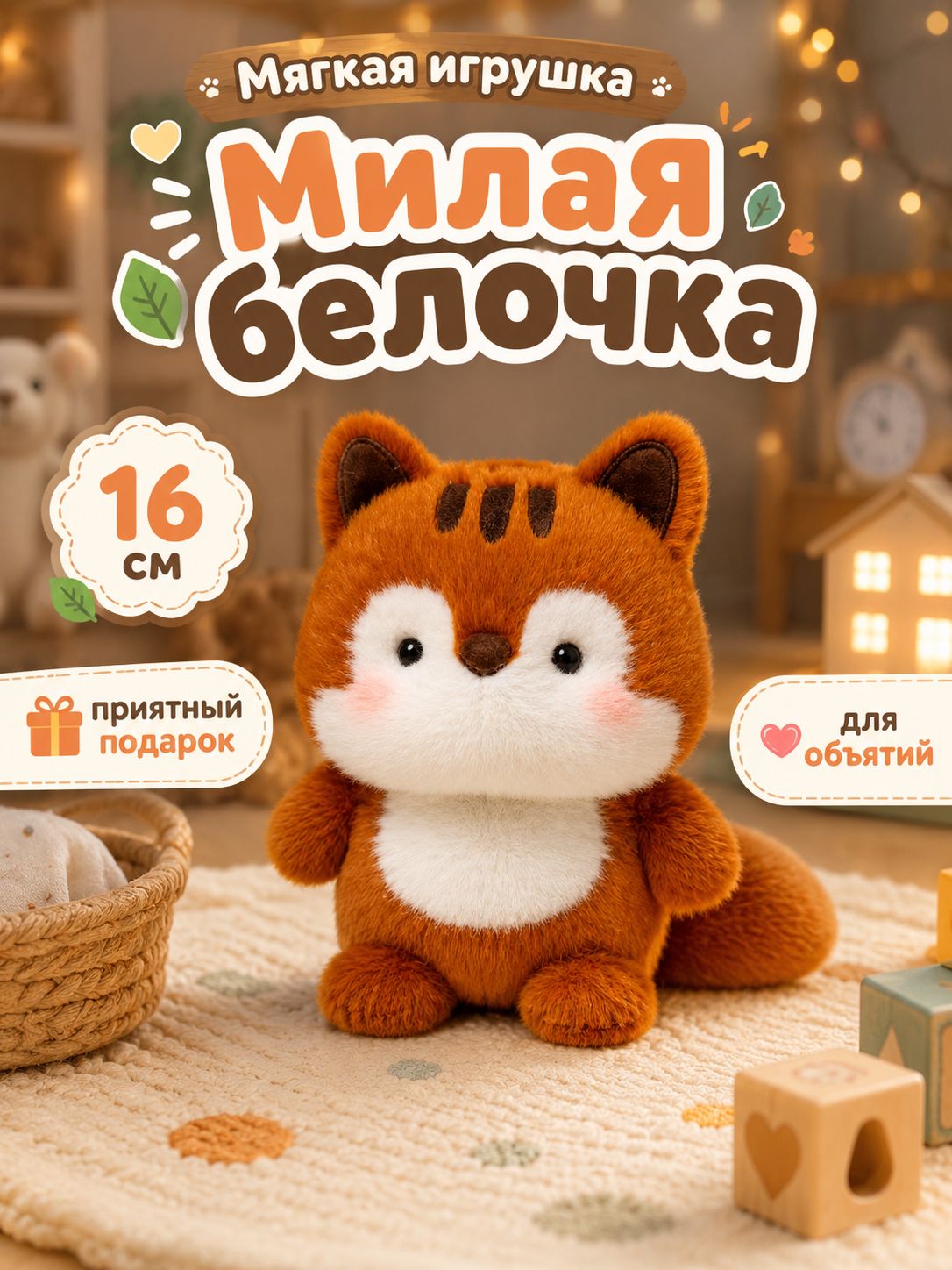 Мягкая игрушка белка 16 см, плюшевая белочка для детей, короткий плюш, подарок девочке и мальчику, 1 шт