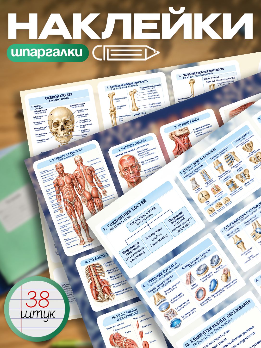 Стикерпак набор наклеек "шпаргалки медицинские кости, мышцы, суставы человека"