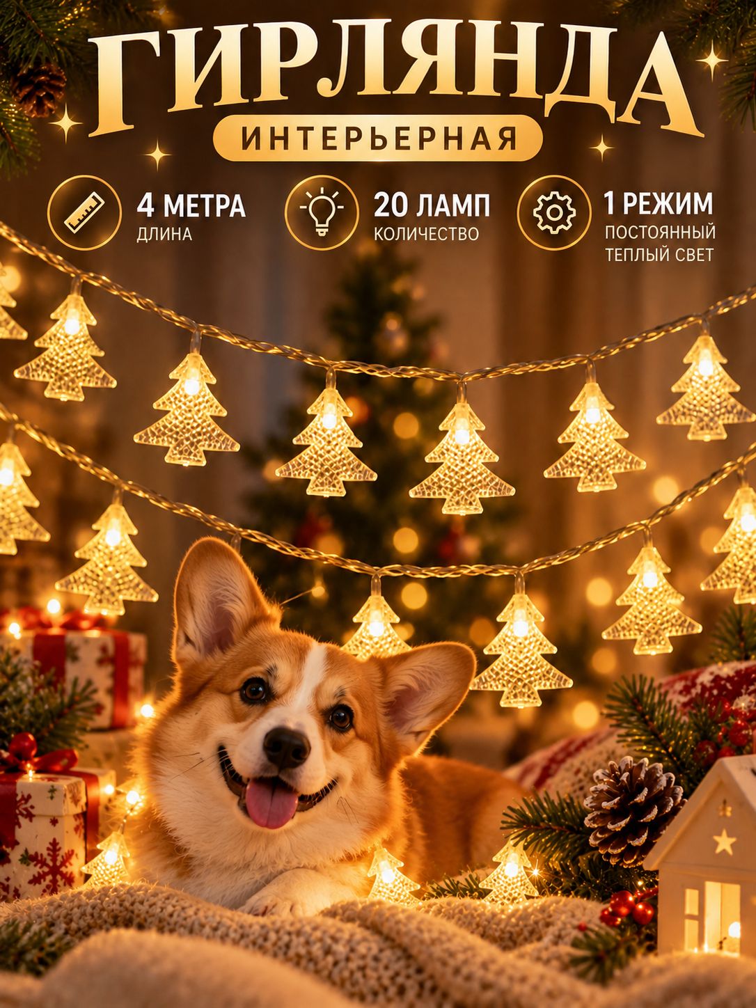 Торговая Федерация Электрогирлянда интерьерная Нить светодиодная 20 ламп, 4.02 м, питание от сети 220в