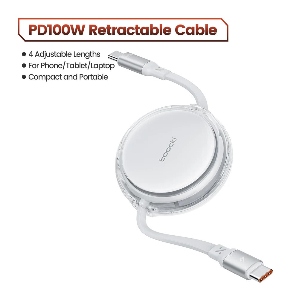 Toocki Выдвижной кабель USB C — USB C мощностью 100 Вт для быстрой зарядки iPhone 16 15 Pro Max Samsung S24 S23 Xiaomi Macbook Кабель типа C