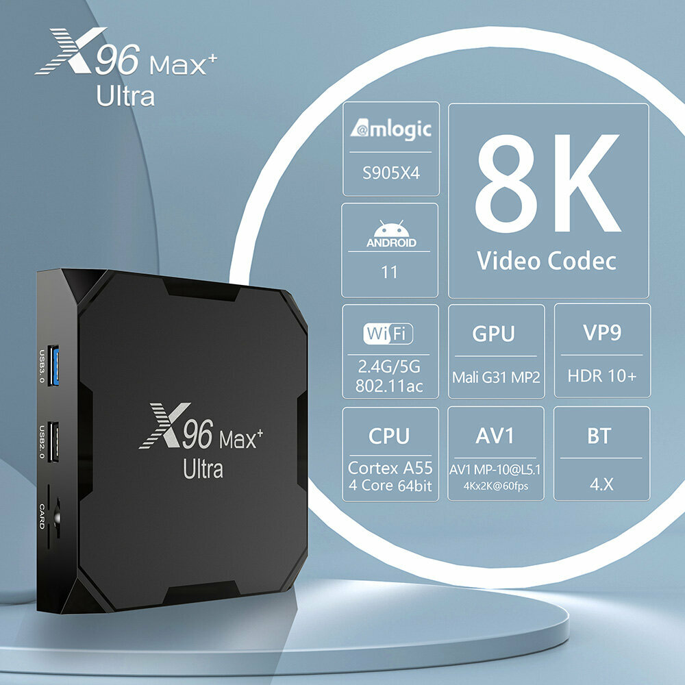 Смарт приставка для цифрового тв X96 Max Plus Ultra медиаплеер 4/64 ГБ, андроид 11, Amlogic S905X4 Wi-Fi 2.4G/5G