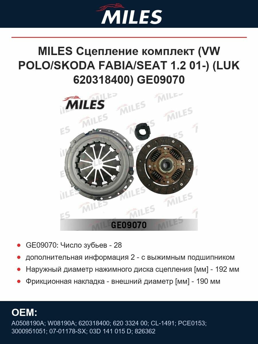 MILES Сцепление комплект (VW POLO/SKODA FABIA/SEAT 1.2 01-) (LUK 620318400) GE09070