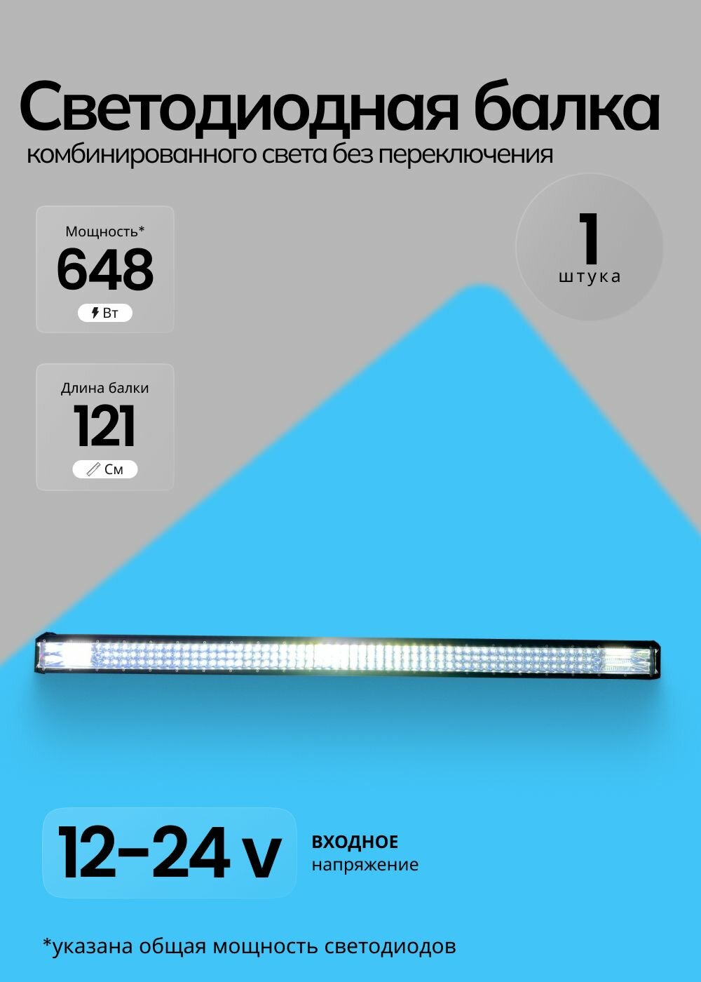 Светодиодная балка 121 см 648w 12-24v ближний дальний комбо свет на крышу и багажник авто, катер, спецтехнику