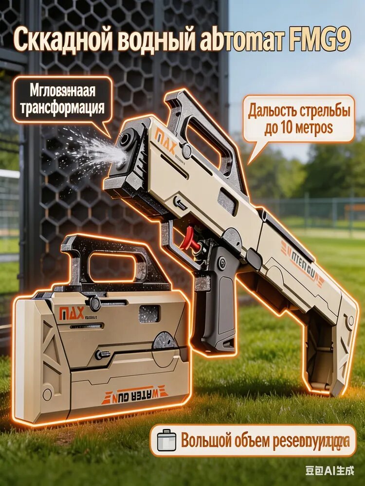Водный пистолет складной автоматический FMG9, детский автомат-трансформер для воды, мощный бластер для активных игр на улице и пляже, цвет пустынный песок