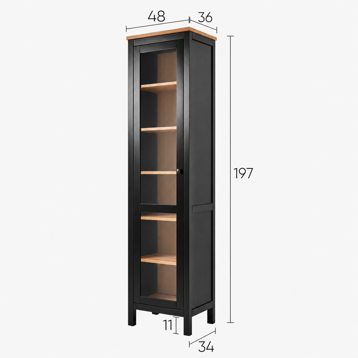 Шкаф витрина узкая HEMNES Кымор дверь ст/ст, массив сосны, цвет черный/светло-коричневый, (икеа)