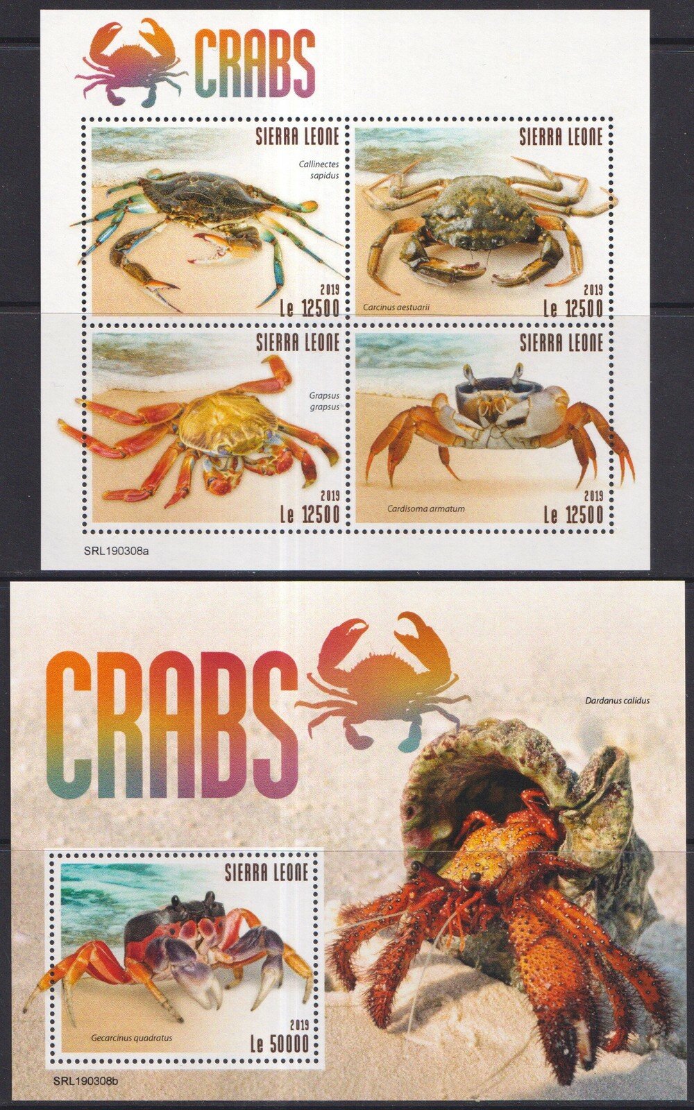 Марки 2019 год Сьерра-Леоне Крабы Морская жизнь Фауна #10826-10829+Bl1679 Mnh