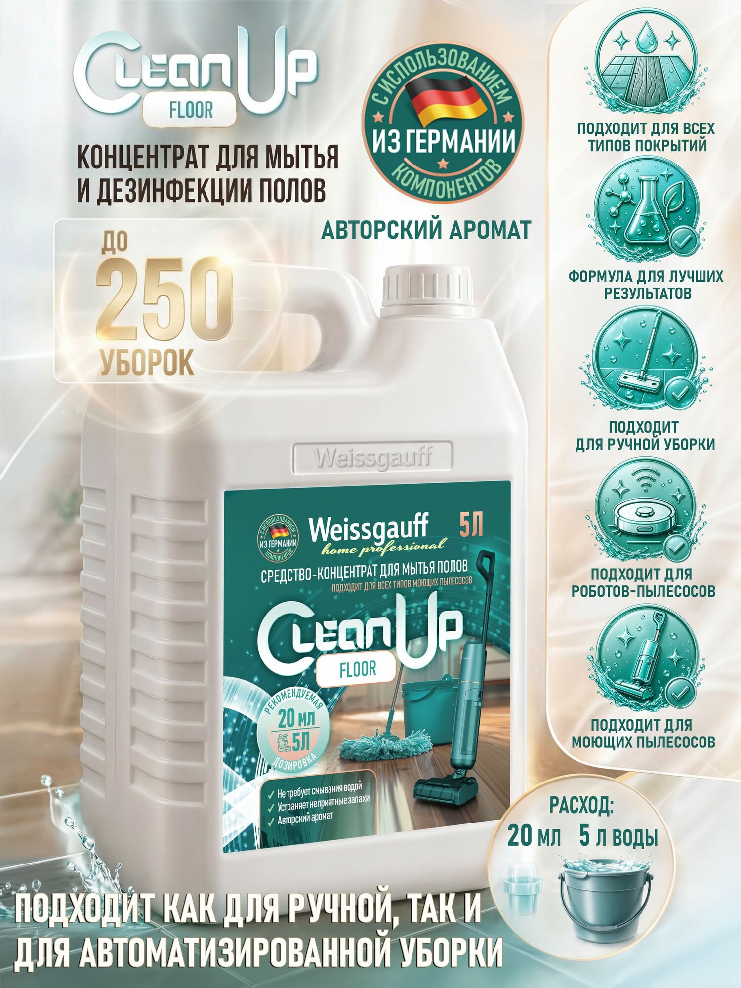 Средство-концентрат для мытья полов и поверхностей CleanUp Floor, 5 л концентрат для мытья полов моющее средство для полов чистящее средство для уборки