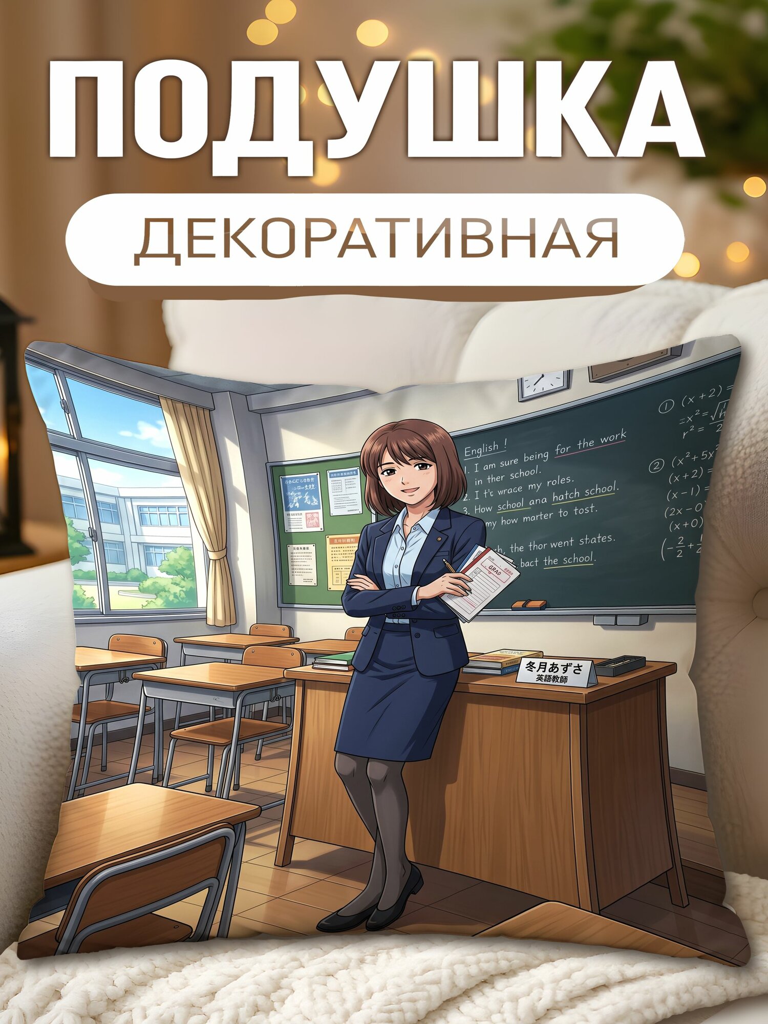 Подушка декоративная с принтом Крутой учитель Онидзука Адзуса Фуюцуки, размеры 40 х 40 см, 1 шт.