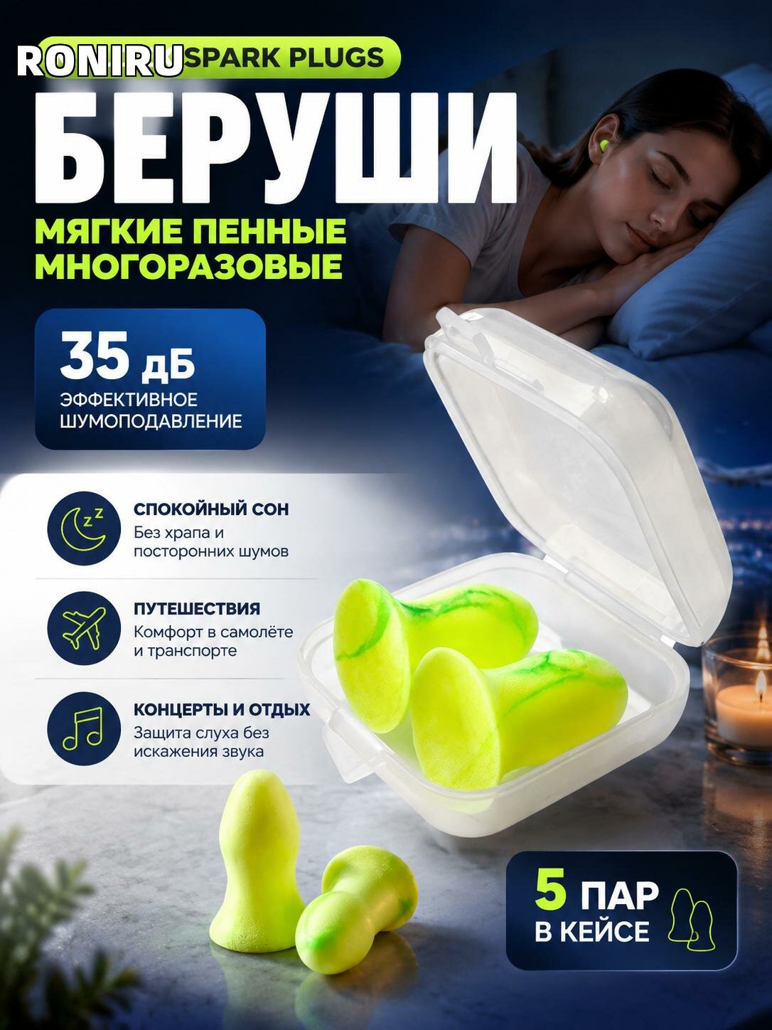 Беруши Moldex Spark Plugs — мягкие пенные многоразовые 35 дБ, 5 пар в кейсе для сна, самолёта, концертов и отдыха
