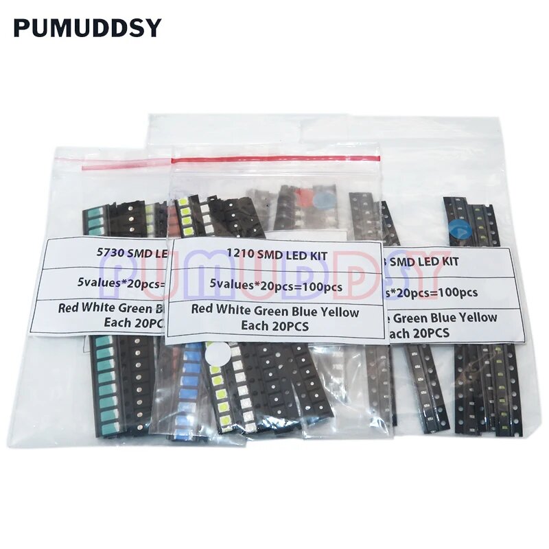 Светодиодный набор SMD 5050 5703 1210 1206 0805 0603 PUMUDDSY 100 шт, 5 цветов 1206 5 color x 20