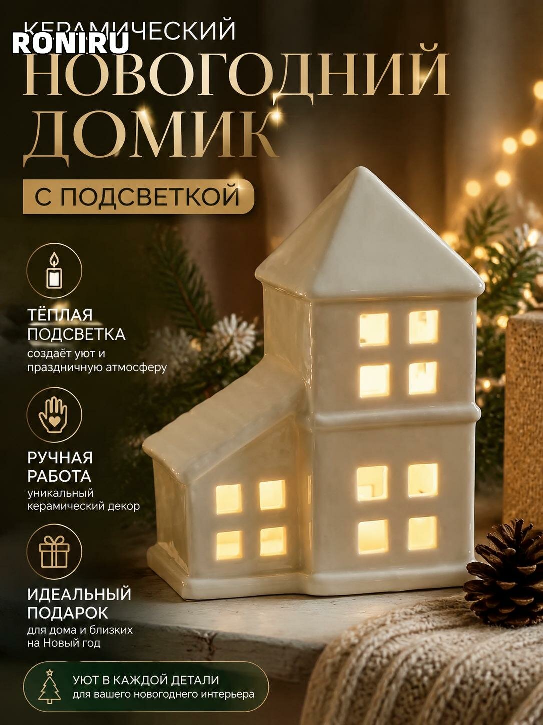 Керамический новогодний домик с подсветкой, ручная работа — уютный ночник и подарок для дома в новогодний интерьер