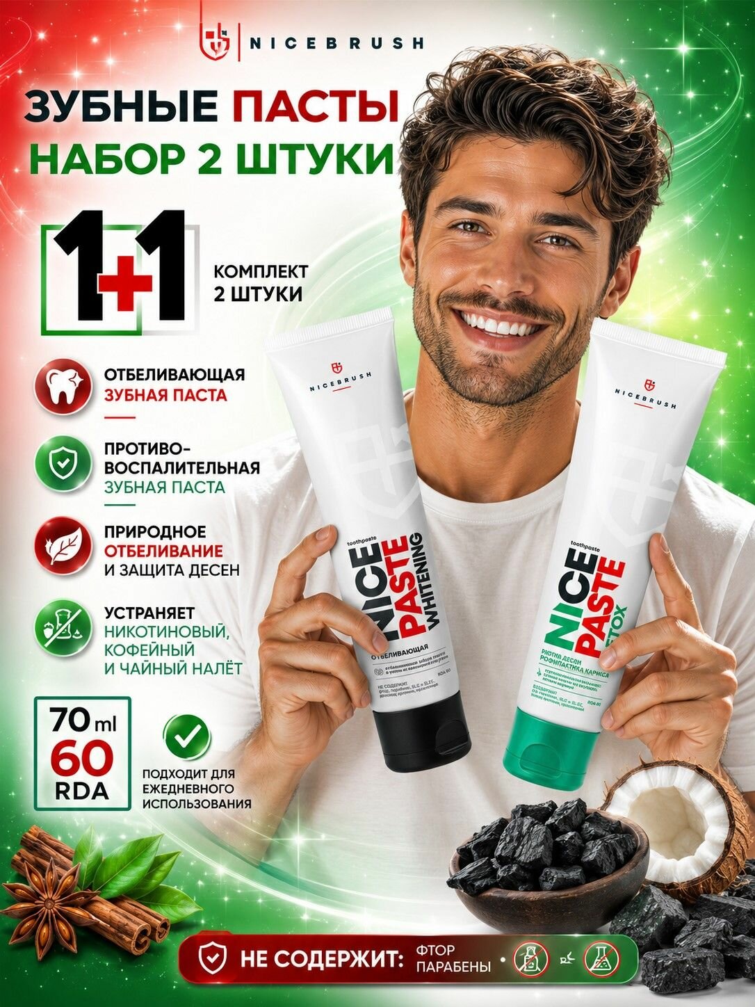 Профессиональная зубная паста для чувствительных зубов и десен NICE PASTE DETOX / от налета и зубного камня NICE PAST WHITENING / без фтора, противовоспалительная, от кариеса набор паст 2*70