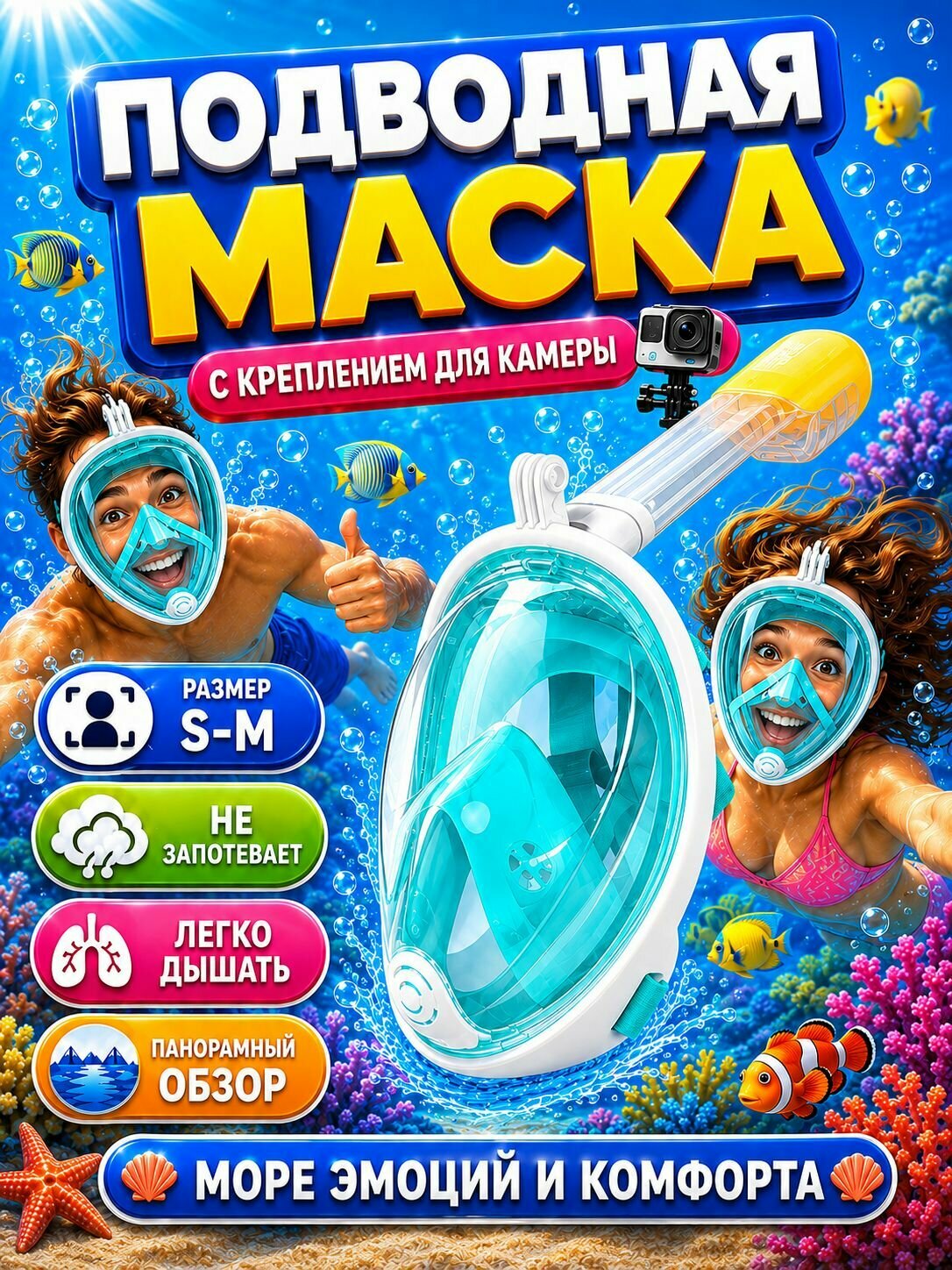 Подводная маска для плавания, полнолицевая маска для снорклинга с креплением для экшн-камеры, размер L-XL, цвет: розовый