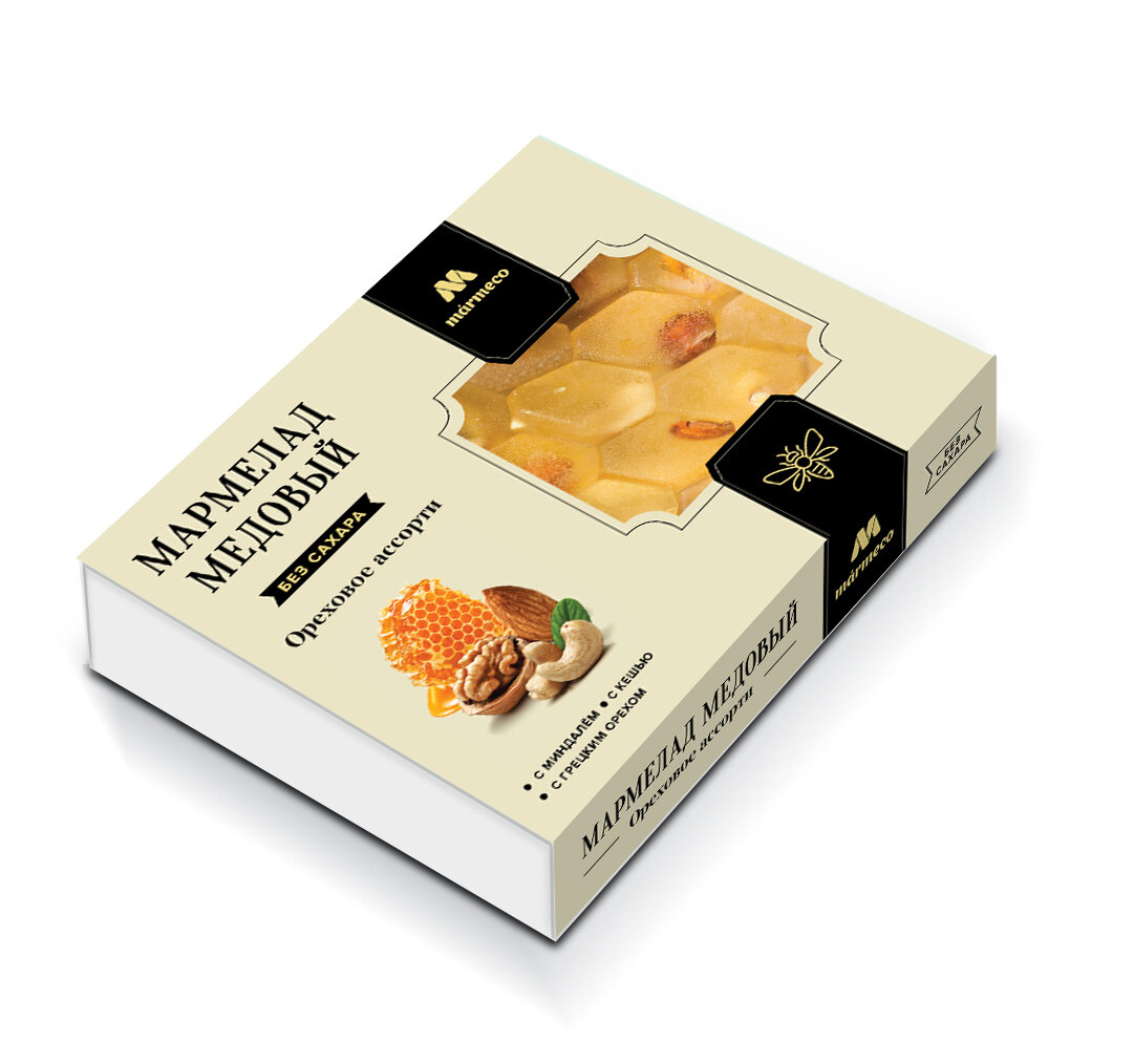 Мармелад Медовый "Ореховое ассорти", без сахара, (с миндалём, с кешью и грецким орехом), 200гр