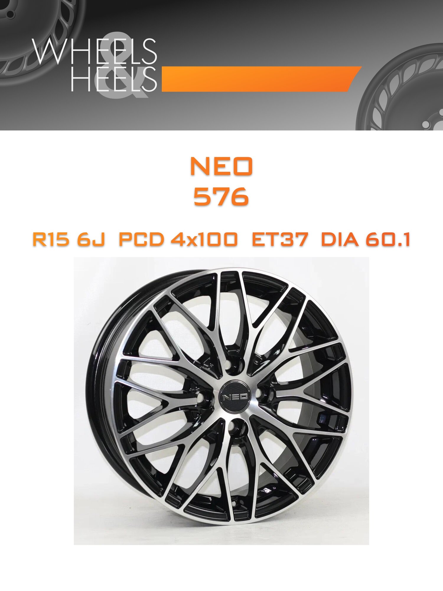 Диск автомобильный литой NEO 576 15x6 4x100 et37 dia60.1 Чёрный с полированной лицевой частью