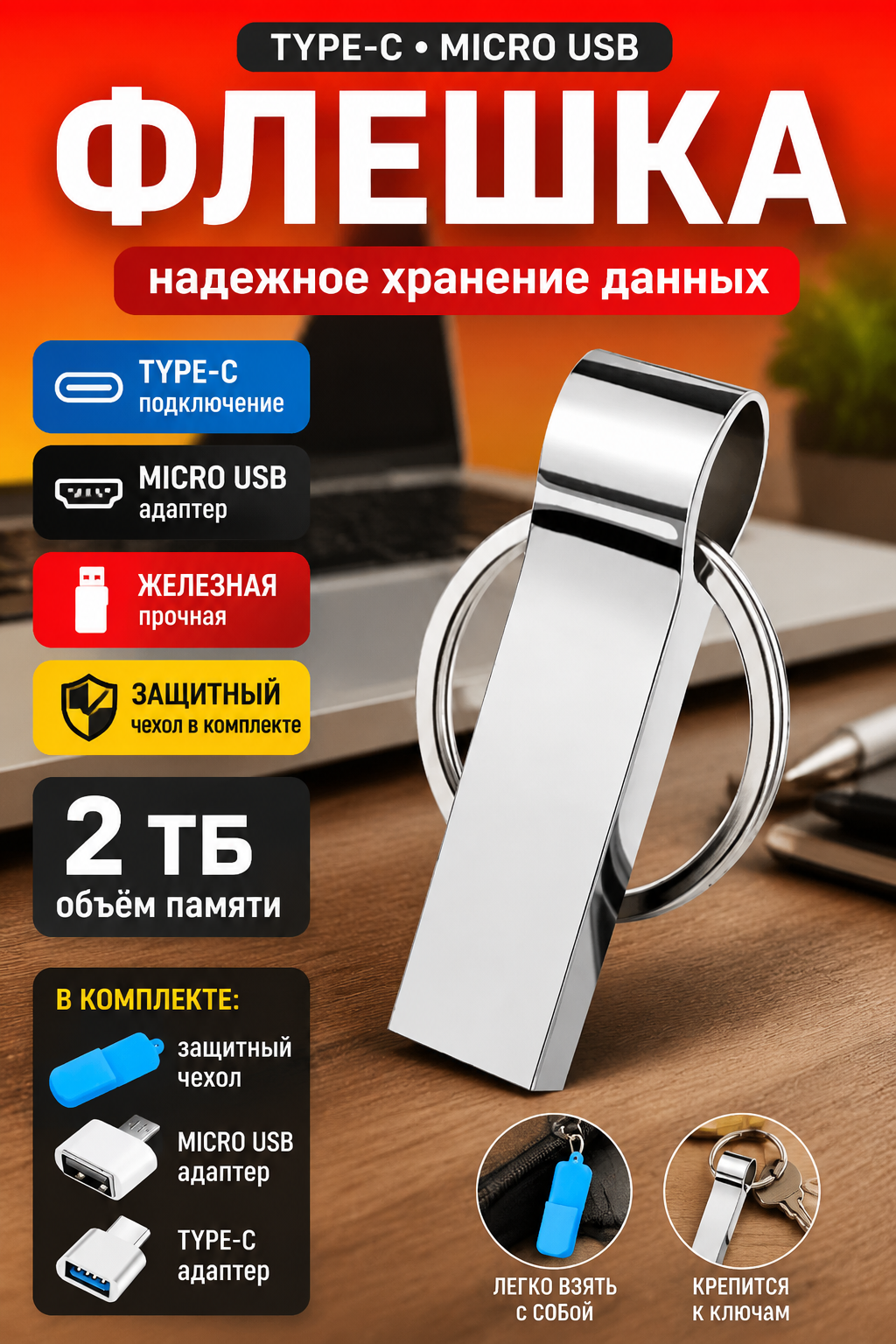 Флеш-накопитель USB 3.0 2 ТБ, высокая скорость, большой объем, для переноса данных