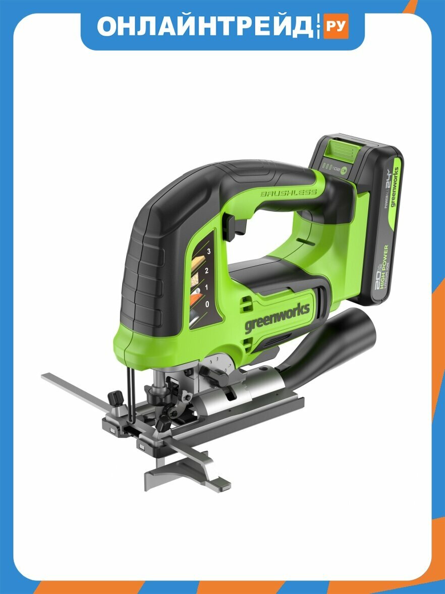 Лобзик аккумуляторный Greenworks GD24JS120, 24V, б/щет, 120 мм, 0-3500/мин, 4-ст. маятник, алю. подошва, LED,1х2Ач, ЗУ, кор (3601407CUA)