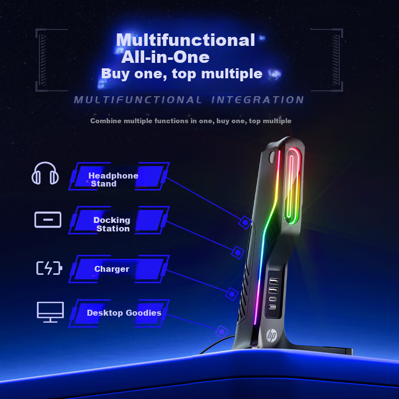 HP стойка для наушников с RGB-подсветкой и 3-портовым USB-расширением для игровых гарнитур Цвет：Белый
