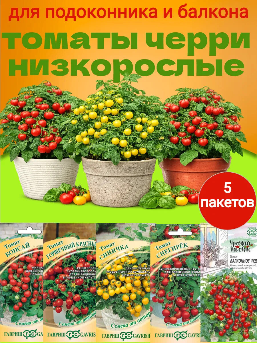Томаты черри низкорослые для подоконника и балкона 5 пакетов по 15 шт