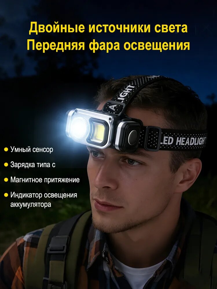 Boruit Фонарь-прожектор налобный, 300 лм, 5 Вт, 100 м, IPX4, LED+COB, Холодный белый/Красный, Серебристый/черный — фото 1